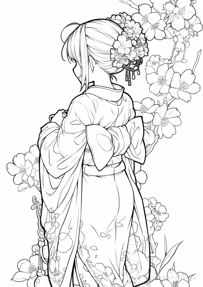 Coloring page of a girl wearing a kimono from behind. | coloring-books ...